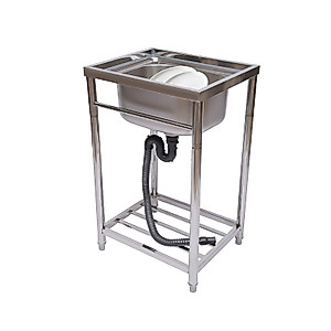 Free Standing Stainless-Steel Single Bowl Commercial Restaurant Kitchen Sink Set w/Drainboard, Prep & Utility Washing Hand Basin w/Storage Shelves Indoor Outdoor