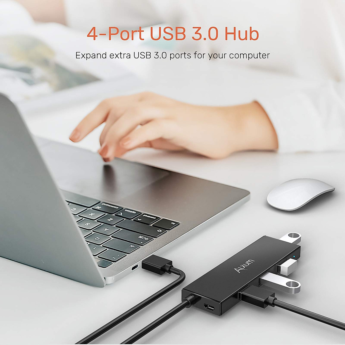 Case of 120, Alxum USB 3.0 Extension Hub 4-Port, USB Hub Long Cord 4ft with MicroB Power Port, USB Data Hub for Desktop PC, MacBook, Surface Pro, XPS, Flash Drive, Mobile HDD, Printer -Black