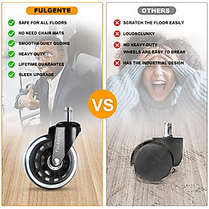 Fulgente Office Chair Caster Wheels(Set of 5), Heavy Duty Protection for Hardwood & Tile Floors Without Mat, Replacement Rubber Chair Casters Universal Fit 7/16 inch -Quick & Quiet Rolling Over Cables