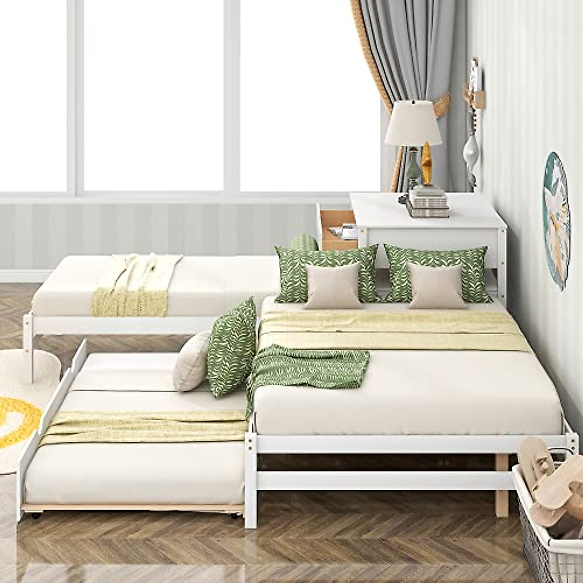 L-Shaped 2 Beds Twin Size & Full Size with Trundle Wood Platform Beds for 3 People Corner Bed Frames with Table for Kids Teens Adults, White
