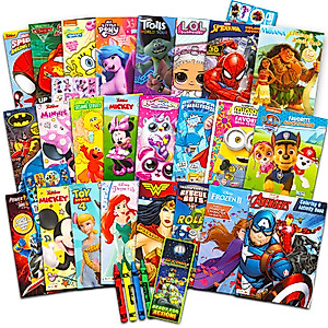 24 Bulk Coloring Books for Kids Ages 4-8 - Assorted 24 Licensed Coloring Activity Books for Boys, Girls | Bundle Includes Full-Size Books, Crayons, Stickers, Games, Puzzles, More (No Duplicates)