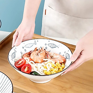 QINLANG 32 oz Japanese Ramen Bowls Set of 6, Pho Bowls, 8 Inches Blue and White Ceramic Soup Bowls, Fish Pattern