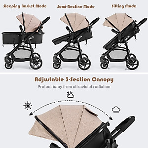 BABY JOY Baby Stroller, 2 in 1 Convertible Carriage Bassinet to Stroller, Pushchair with Foot Cover, Cup Holder, Large Storage Space, Wheels Suspension, 5-Point Harness (Light Coffee)