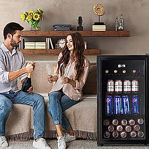 Beverage Refrigerator and Cooler - 120 Can Mini Fridge with Glass Door for Soda Beer or Wine - Small Drink Dispenser Machine for Office or Bar with Adjustable Removable Shelves