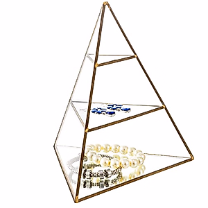MyGift Glass Pyramid Small Jewelry Organizer Box with Brass Metal Frame, 3 Tier Crystal Display Case