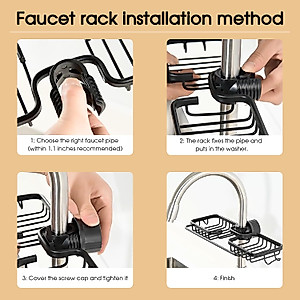 UOWGA Faucet Holder Kitchen Bathroom Faucet Holder Faucet Sponge Holder Kitchen Sink Box Space Aluminum Removable Faucet Holder Double Sink with Hooks (Black)