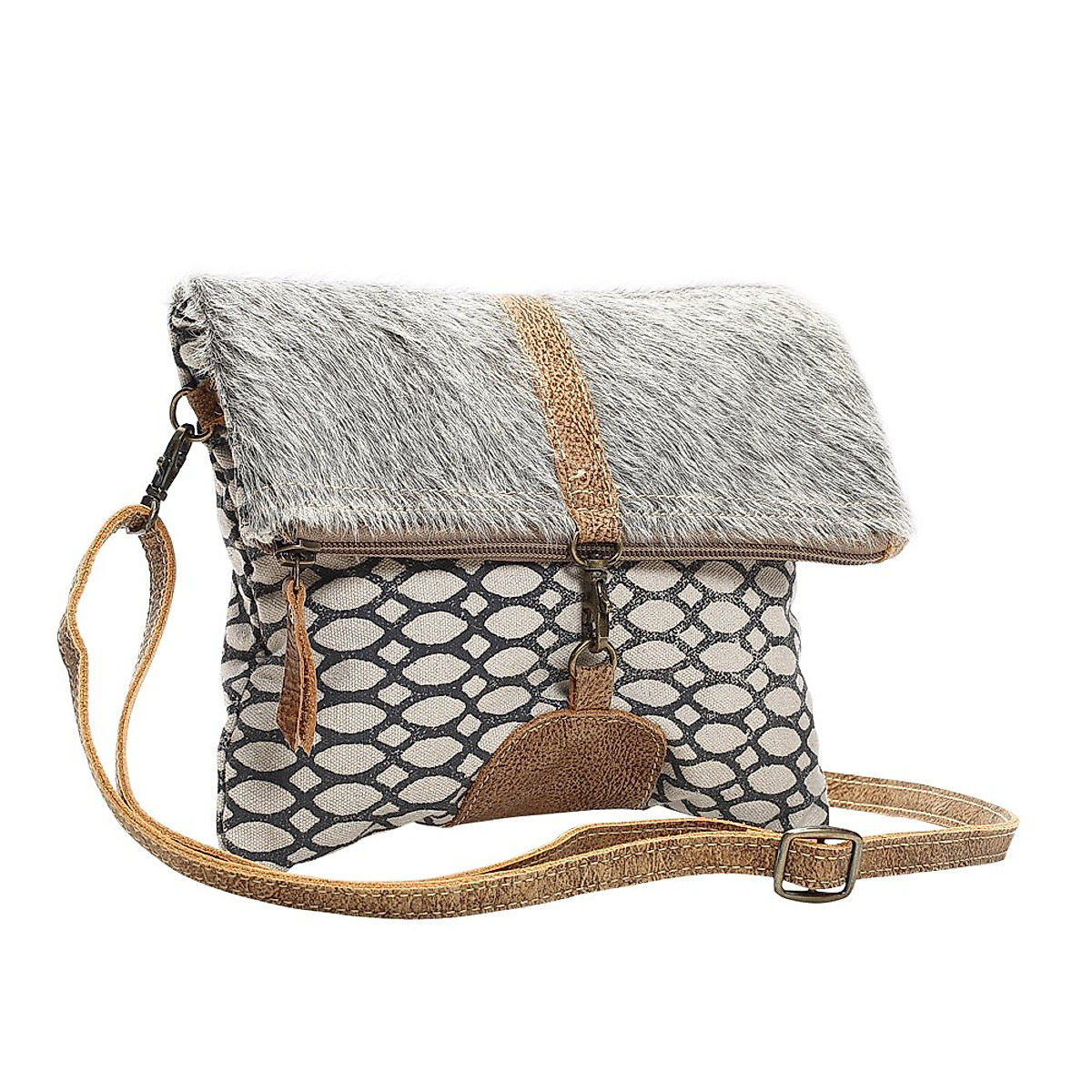 Myra Bag Foldover Cowhide & Upcycled Canvas Crossbody Bag S-1154, Brown, One Size