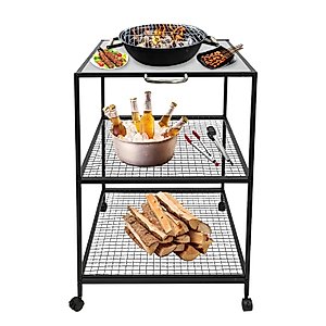 LUGBING 3-Tier Mobile Outdoor Grill Cart with Push-Pull Handle, Stainless Steel Work Cart Table, Black