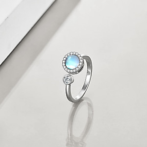 TIGER RIDER Anxiety Spinner Moonstone 925 Sterling Silver Ring for Women, Crystal October Birthstone Adjustable Ring, Anxiety Relief Rings for Girls, Graduation Gifts