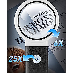 Wapodeai Magnifying Glass with Light, 6X 25X Magnifying Glass for Reading, Suitable for Reading, Jewellery, Crafts, Lnspection, Science, Seniors Read, Stamps, Map.