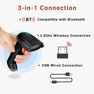 Tera Pro 1D Wireless Barcode Scanner 3 in 1 Bluetooth & 2.4G Wireless & USB Wired CCD Cordless 2500 Pixel Bar Code Reader with Battery Level Indicator for Windows Mac Android iOS Model T5100C,Orange