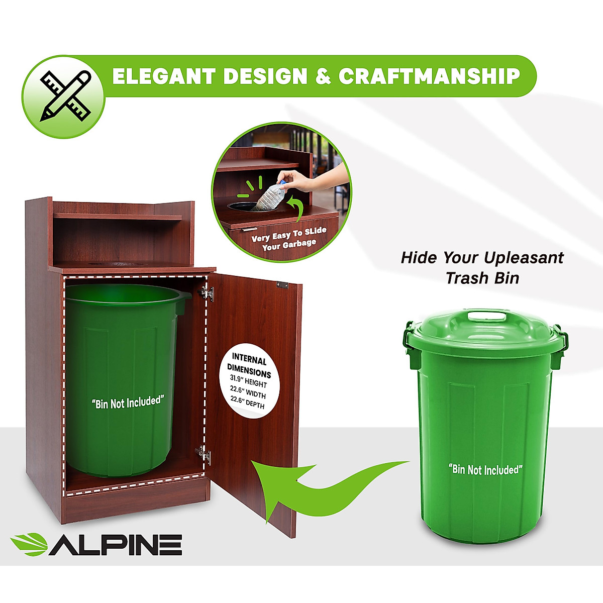 Alpine Restaurant Trash Bin Cabinet - Commercial Trash Can Garbage Receptacle Indoor with Tray Holder for 32 Gallon Garbage Bin (Mahogany)