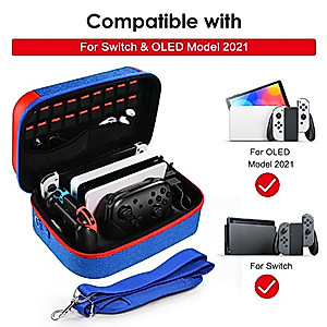 iVoler Carrying Storage Case for Nintendo Switch/Switch OLED Model,Portable Travel All Protective Hard Messenger Bag Soft Lining 18 Games for Switch Console Pro Controller & Accessories Red+Blue