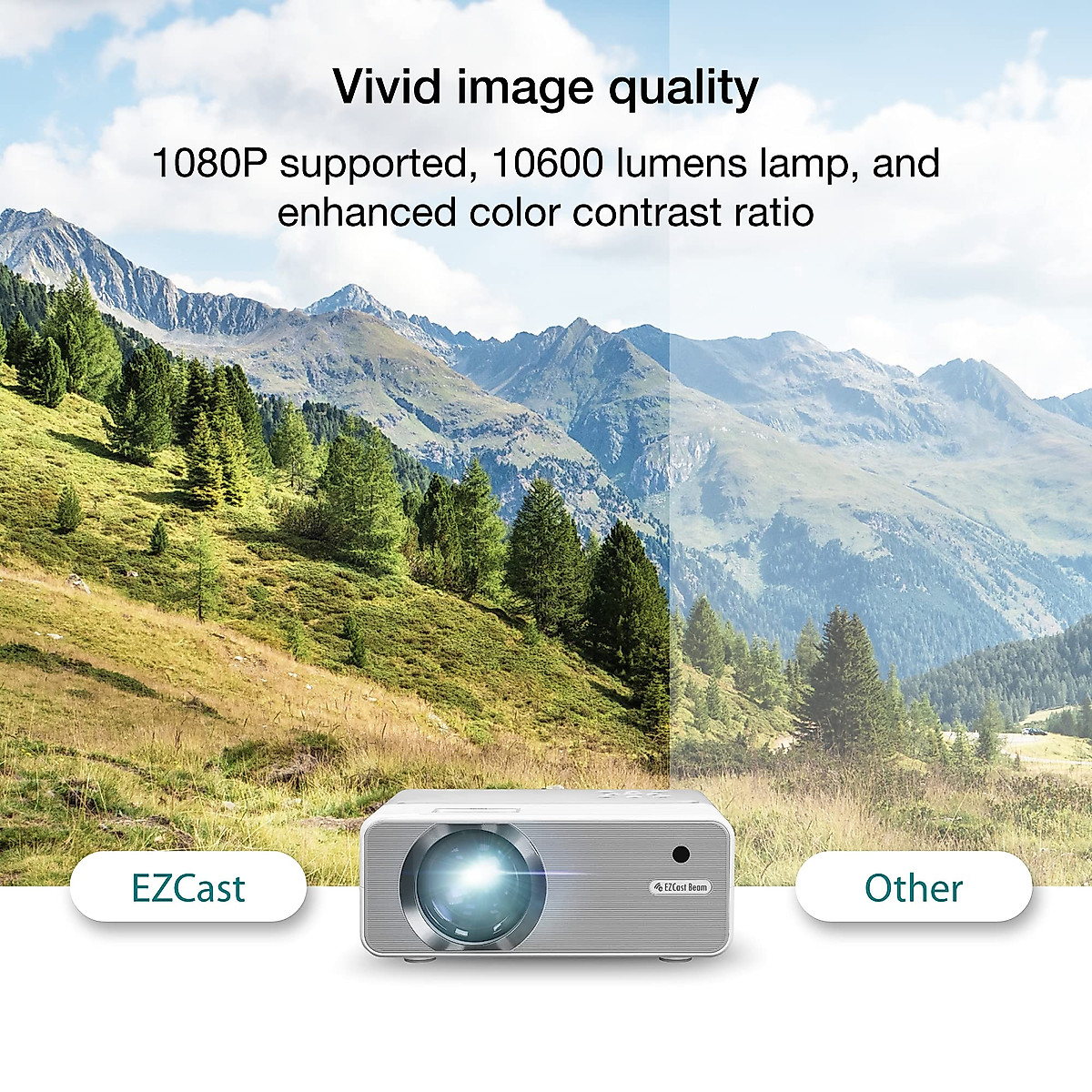 EZCast Beam V3, 2023 Upgraded Mini Projector, 10600 Lumens Multimedia Home Theater Video Projector, 1080P Full HD Supported, Compatible with HDMI, USB, Laptop, iOS & Android Phone, Xbox, PS5, TV Stick