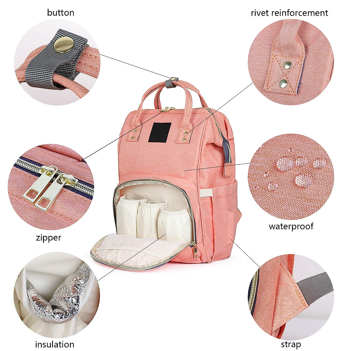 Diaper Bag Multi-Function Waterproof Travel Backpack Nappy Bags Large Capacity Stylish and Durable for Baby Care. (Orange Pink)