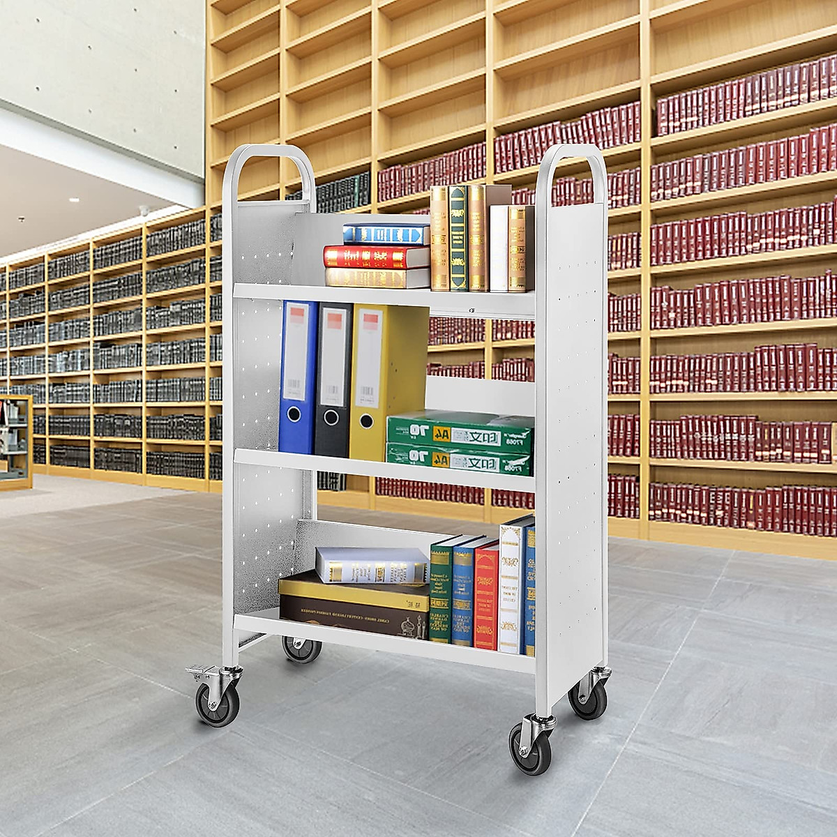 VEVOR Book Cart, 200LBS Library Cart, 49.2''x29.5''x13.8'' Rolling Book Cart, Single Sided V-Shaped Sloped Shelves with 4 Inch Lockable Wheels for Home Shelves Office School Book Truck, White