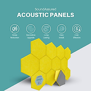 Hexagon Acoustic Panels for Sound Dampening - 12 Pack Self Adhesive Sound Absorption Panels - Eco Friendly Acoustic Treatment for Echo Reduction (Yellow)