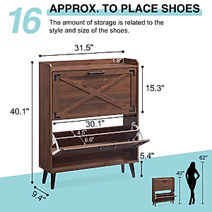Barnyatoh Shoe Storage Cabinet,Farmhouse Shoe Organizer with 2 Flip Drawers & Barn Door Design,Freestanding Hidden Slim Narrow Shoe Rack Cabinet for Entryway,Foyer,Hallway,Walnut