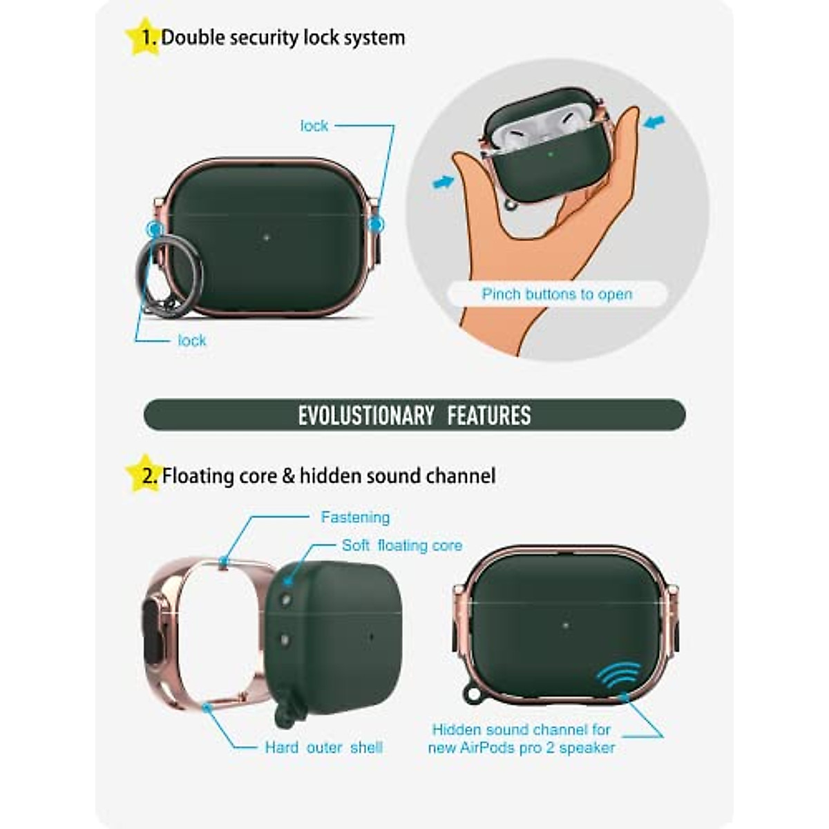 GuarzFun case for AirPods Pro 2nd Generation case 2022, Secure Lock Clip case, Hybrid Material, Full Body Protective Cover for New AirPod Pro 2 & AirPod Pro (Rose Golden + Green)