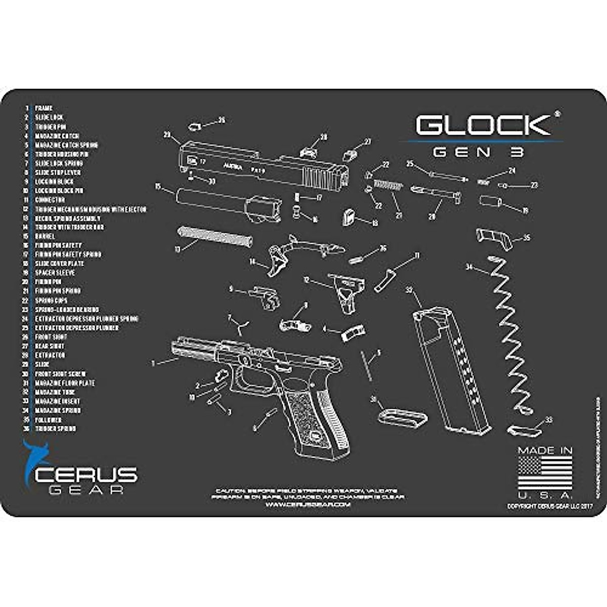 Gen 3 5 PC EDOG Cerus Gear Schematic (Exploded View) Heavy Duty Pistol Cleaning 12x17 Padded Gun-Work Surface Protector Mat Solvent & Oil Resistant & 3 PC Cleaning Essentials & Clenzoil