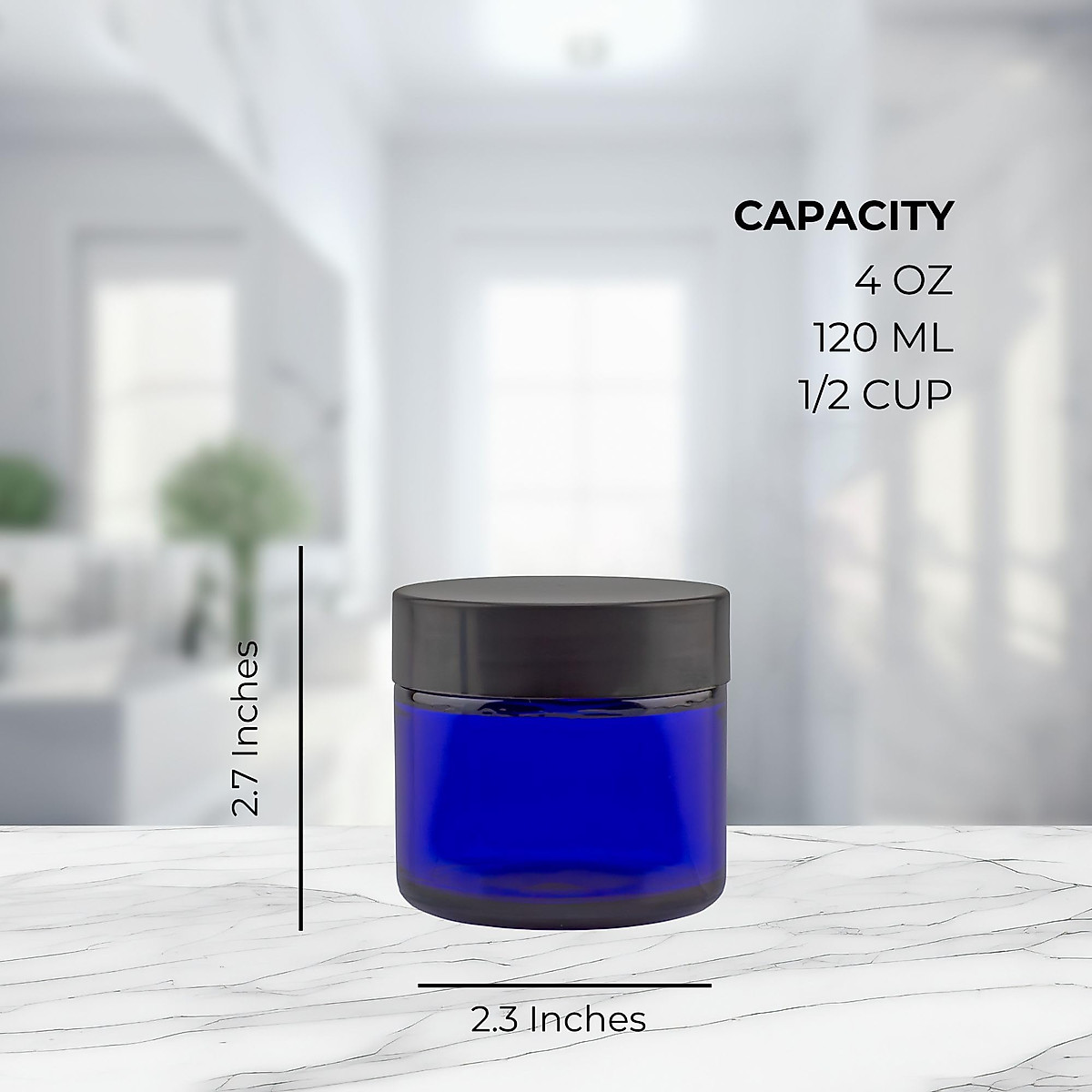 4-Ounce Cobalt Blue Glass Straight Sided Cosmetic Jars (12-Pack); 120 ml. Capacity, BPA-Free Lids