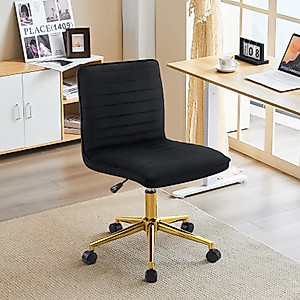 Furnimart Black Swivel Armless Desk Chair with Wheels, Small Velvet Upholstered Home Office Chair Mid-Back Adjustable Chair for Bedroom Dorm Living Room (Velvet-Black)