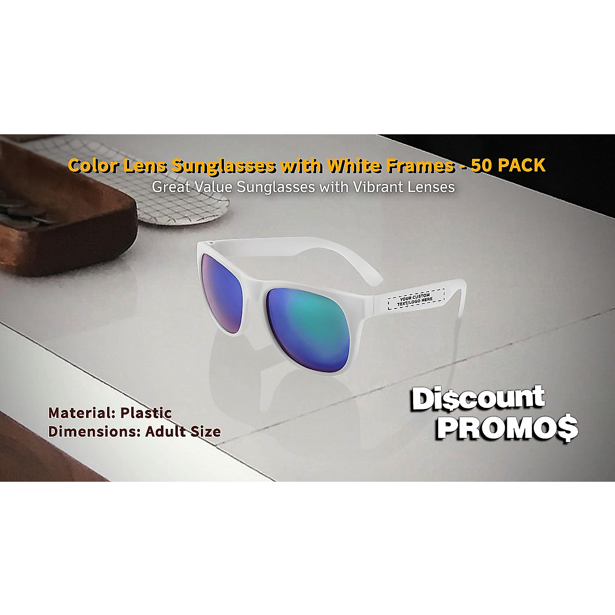 DISCOUNT PROMOS Personalized UV Protected Color Lens Sunglasses with White Frames - 50 pack - Sunglasses - Customizable Text, Logo - Blue