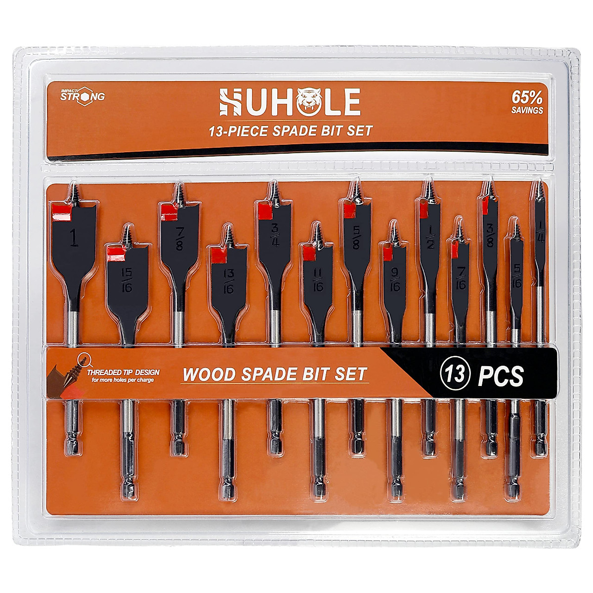 HUHOLE Spade Drill Bit Set, 13PC Flat Drill Bits for Wood, High Carbon Steel Paddle Bit Set with Threaded Tip and Hex Shank, 1/4-Inch to 1-Inch