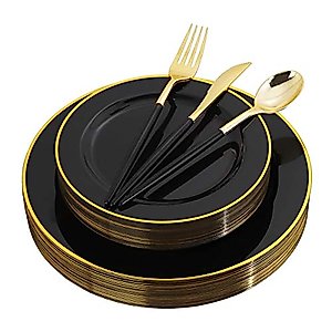 WELLIFE 120 PCS Black Plastic Plates with Gold Rim, Gold Disposable Cutlery with Black Handle, Black Plastic Dinnerware, Includes 24 Dinner Plates, 24 Dessert Plates, 96 Black Gold Cutlery