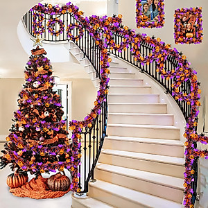 Halloween Decorations,33 Ft Halloween Tinsel Garland with Orange Pumpkin Black Spider Purple Bat, Shiny Metallic Garland Halloween Garland for Home Tree Indoor Outdoor Halloween Party Decorations