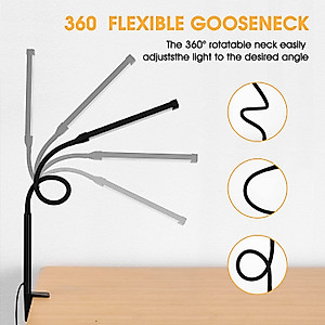 Voncerus LED Desk lamp with Clamp, Eye-Caring Clip on Lights for Home Office, 3 Modes 10 Brightness, Long Flexible Gooseneck,Metal, Swing Arm Architect Task Table Lamps with USB Adapter, Black