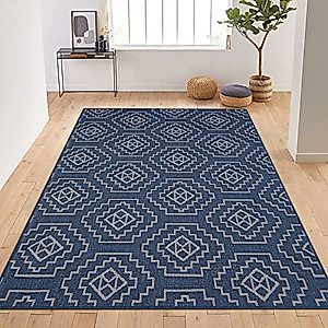 U'Artlines Indoor Outdoor Area Rugs Boho Chic Aztec Non-Shedding Large Floor Mat and Rug for Outdoors, RV, Patio, Backyard, Deck, Picnic, Beach, Trailer, Camping (4' x 6', Cream/Navy Blue)
