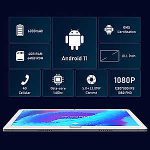 2023 Newest Android Tablet 10.1 Inch, 4G Cellular Tablet with Keyboard, 2 in 1 Tablet with 2 SIM Slot 64GB ROM+4GB RAM-13MP Camera, Octa-Core, 1080 FHD |Wi-Fi | GPS| Bluetooth |Mouse/Stylus-Silver