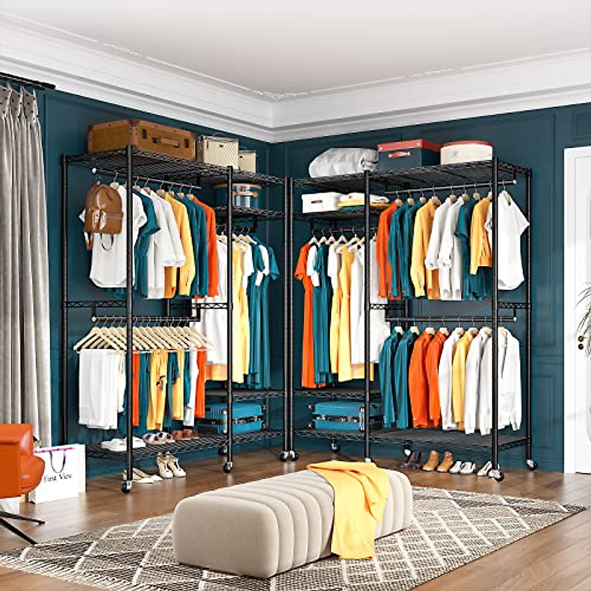 Raybee Rolling Clothes Rack with Wheels Loads 650LBS, Clothing Racks for Hanging Clothes, Heavy Duty Clothing Rack with Wheels, Rolling Garment Rack Lockable Portable Closet, 79" H x45 W x17 D, Black