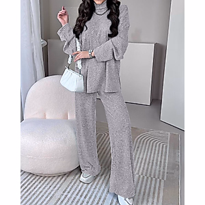 KIRUNDO Track Suits For Women Set Lounge Set Casual Long Sleeve Knitted Tops Long Pants Sweat Set Trendy Fall Clothes Casual Outfits(Grey, Small)