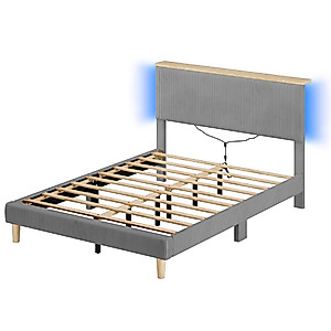 Bestier Queen Size Bed Frame with Headboard, Corduroy Upholstered Adjustable Platform Bed with Storage Shelf, Bedside LED Bed Frame, Solid Wood Slats Support, No Box Spring, No Squeaks(Grey)