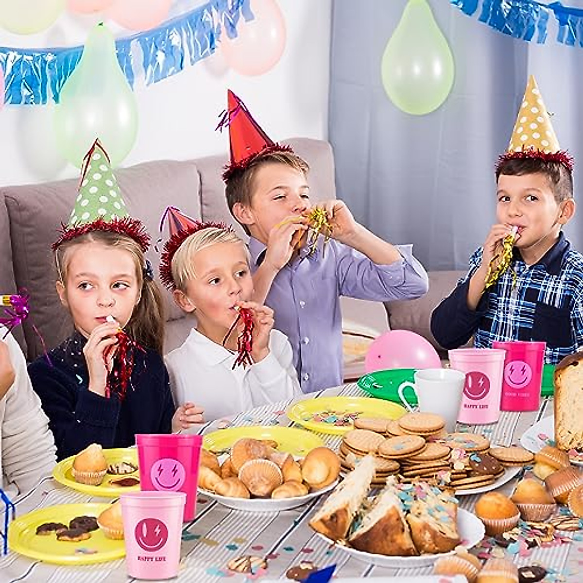 24 Pcs Preppy Party Plastic Cups 16oz pink Smile Face Drinking bar Cups bulk Reusable Plastic shatterproof Stadium Cups Personalized beer Mugs for Preppy Birthday friends parties Bachelorette Party