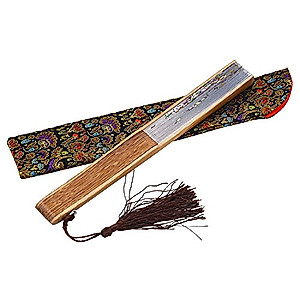 Amajiji® Chinese Japanese Folding Hand Fan for Women,Vintage Retro Style 8.27" (21CM) Bamboo Wood Silk Hand Fans (CL-04)