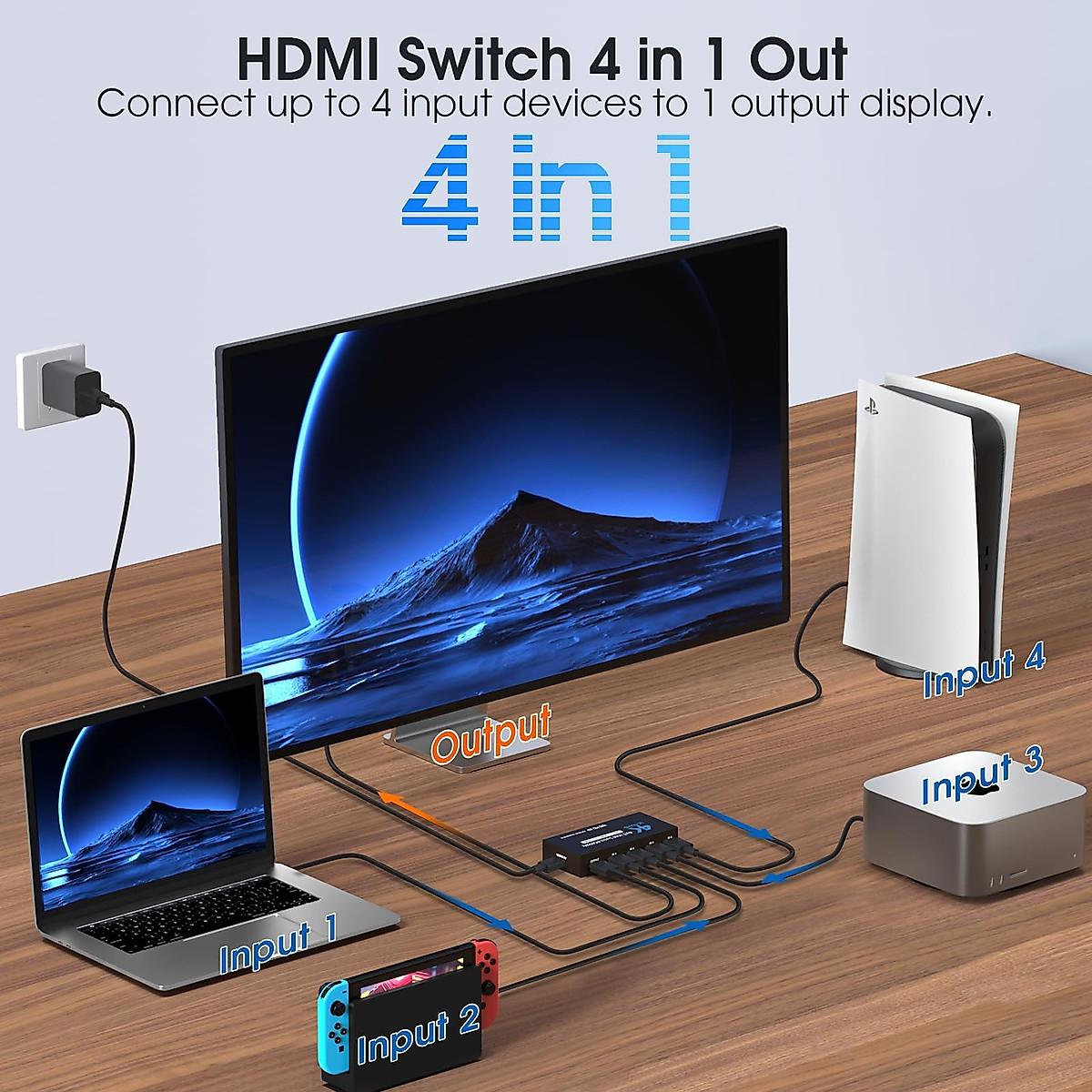 HDMI Switch 4K@60Hz, NerdEthos 4 Port HDMI 2.0 Switcher Selector 4 in 1 Out HDMI Switch Box with IR Remote Control, Supports 4K HDR10 HDCP 2.2 3D Dolby DST, for PS4 Xbox Fire Stick PC and More