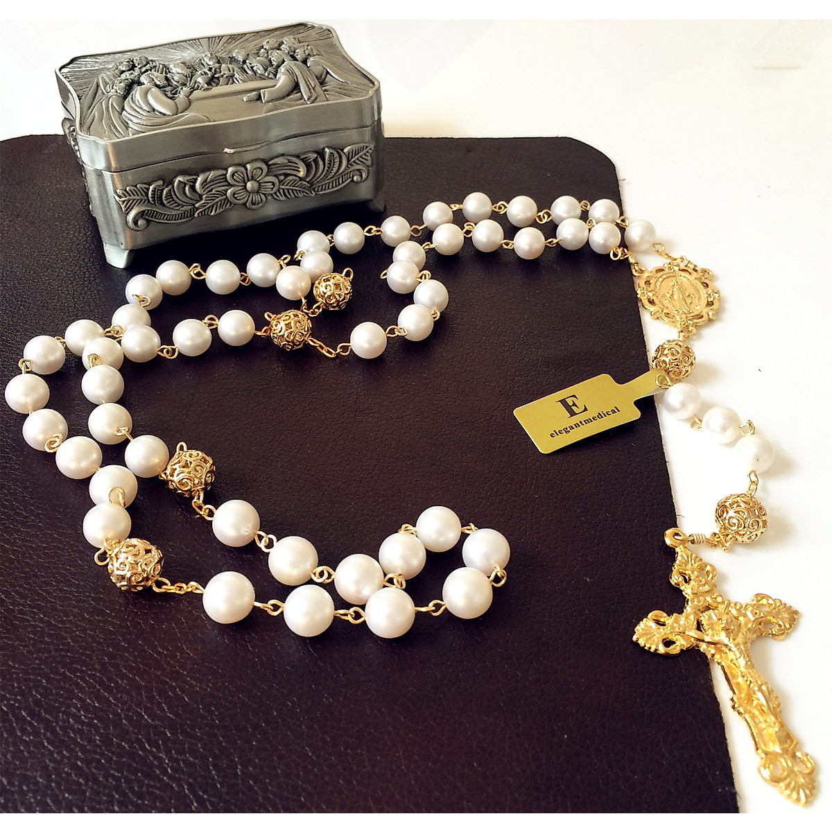 White Real Pearl Rose Gold Beads Catholic Rosary Cross Necklace Supper Box
