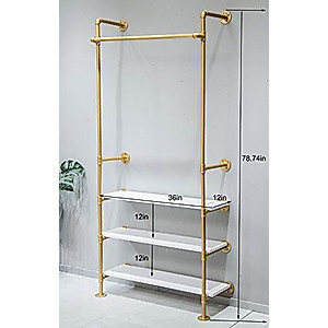 WGX Design For You Industrial Pipe Clothing Rack Wood Garment Rack Pipeline Vintage Rolling Rack On Wall（Gold）