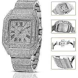 Gosasa Fashion Hip Hop Men's Crystal Watch Bling Bling Iced Out Watch Rectangle Case Stainless Steel Quartz Analog Bracelet Wristwatch (Silver)