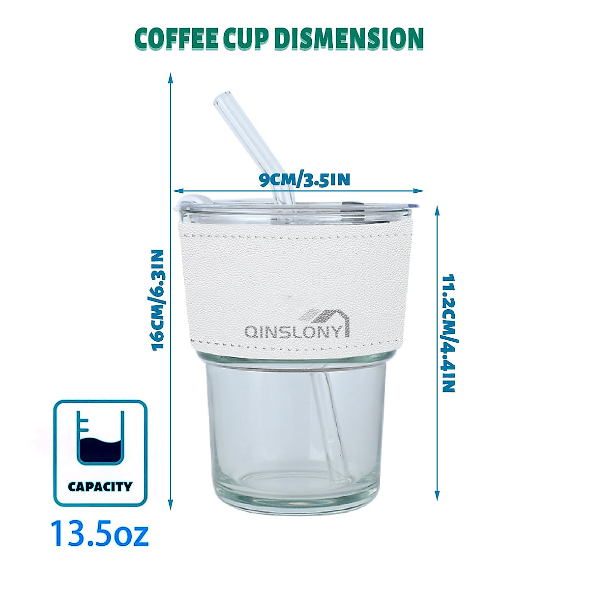 QINSLONY Iced Coffee Cup, 13oz Glass Tumbler with Lid and Glass Straw, Thick Wall Water Cup, Reusable Coffee Tumbler Sealed Carry on, Glass Coffee Mug with Leather Sleeve