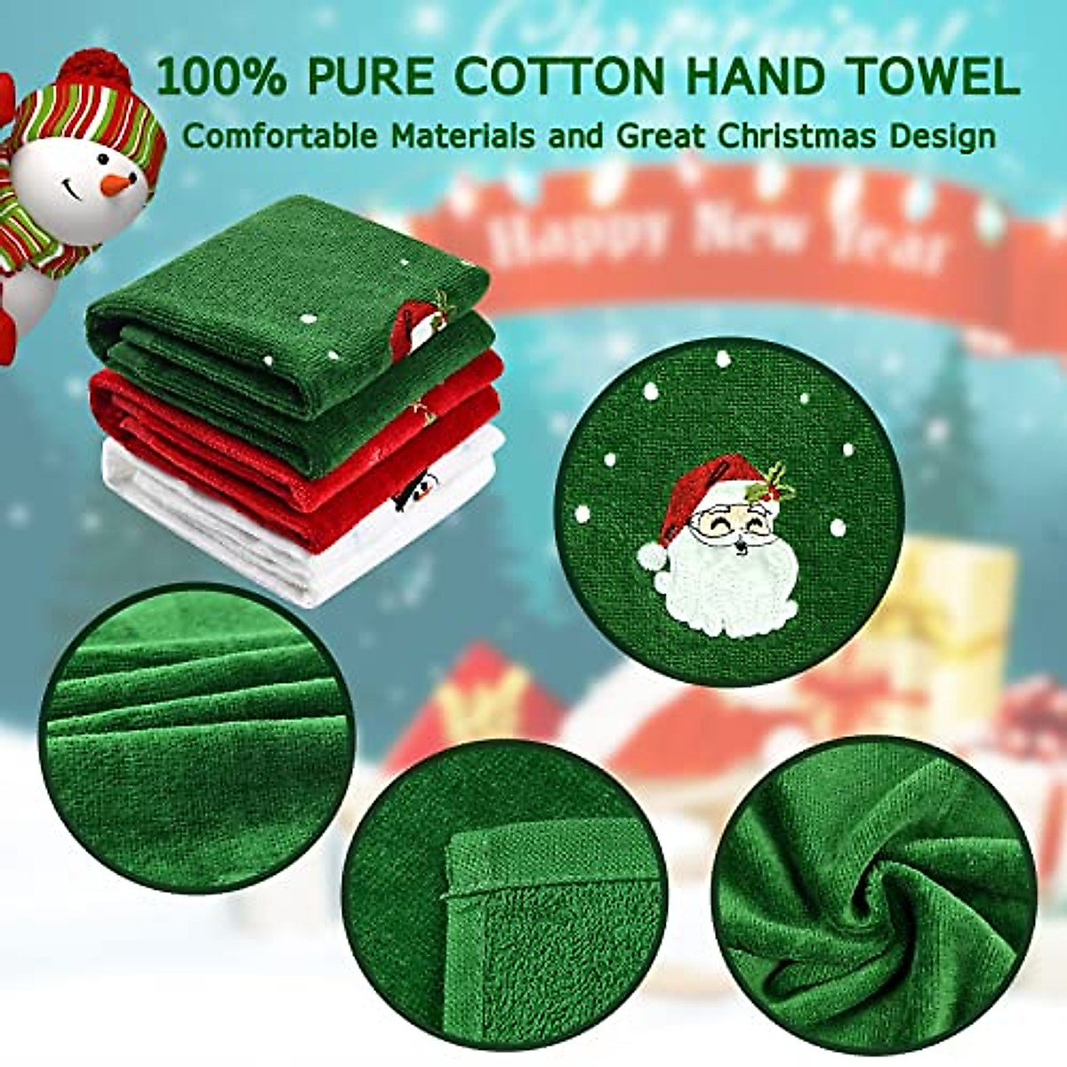 Veramedy Upgraded Size 16" x 27" Christmas Hand Towels, 100% Pure Cotton Bathroom Kitchen Decoration Soft Washcloths Towels Perfect Christmas Decor, Pack of 3 (Red, White, Green)