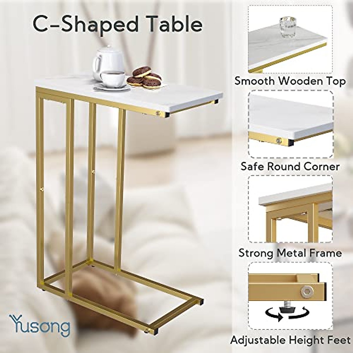 Yusong C Shaped End Table, Couch Side Table That Slide Under Sofa Bed, Small Table for Small Spaces, Skinny Overbed Table, Coffee Drink Laptop Snack Table for Living Room, Gold and Marble White