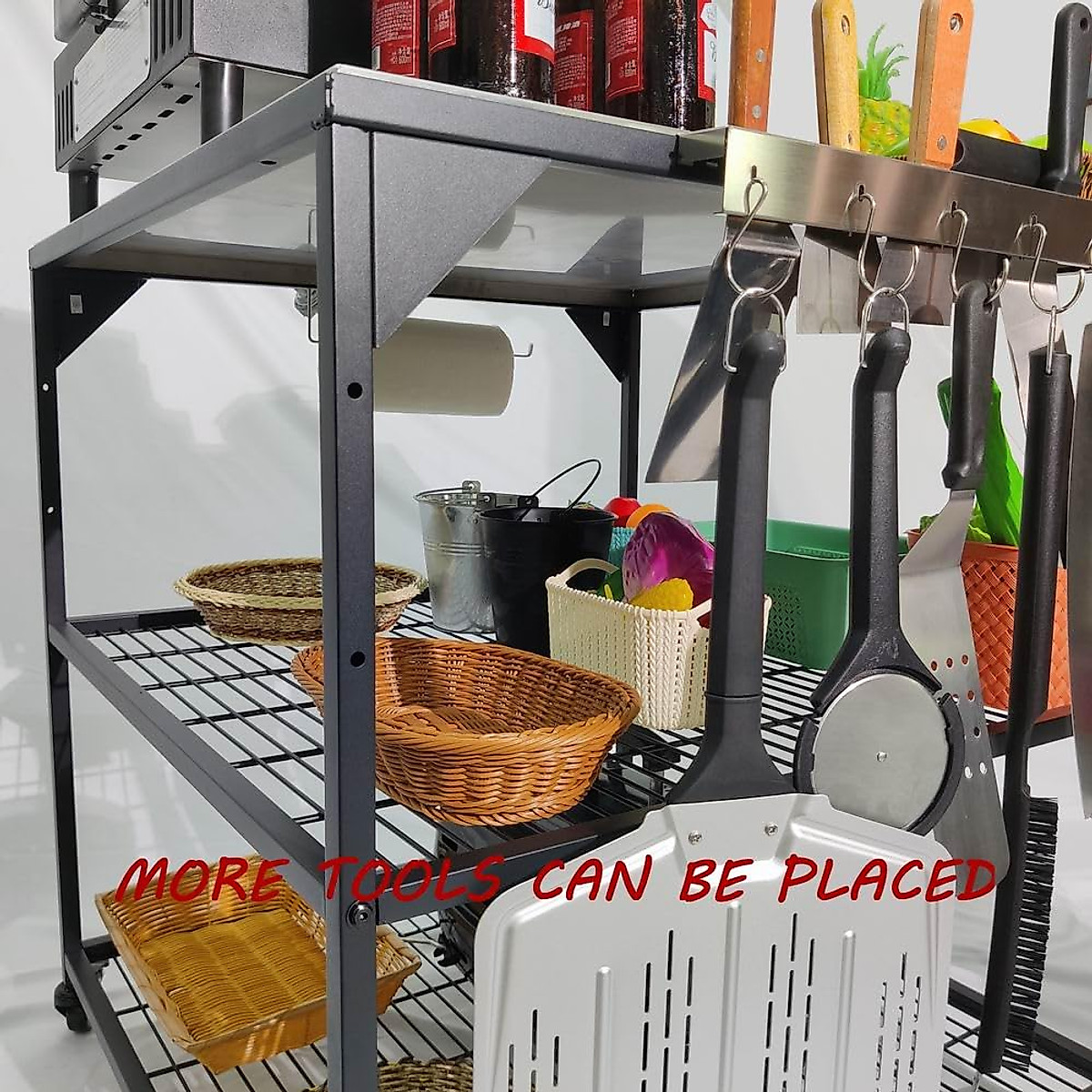 HWGckct Three-Shelf Movable Stainless Steel & Steel Outdoor Dining Cart Table Pizza Oven Protable Grill and Heavy Duty Grill Cart Outdoor Table