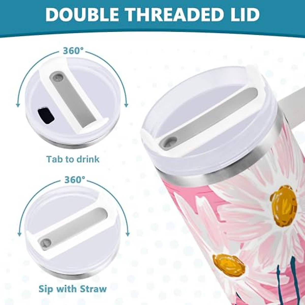 PaChyLuu 30 oz Insulated Tumbler with Handle and Straw Lid, Adorable Daisy Leak-Proof Stainless Steel Travel Coffee Mug for Car Cup Holder