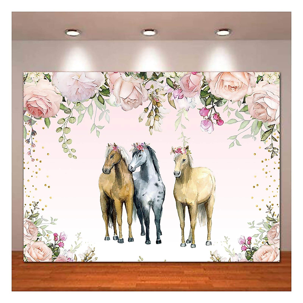 Pink Flower Countryside West Cowboy Cowgirl Horse Theme Photography Backdrop 5x3ft Children Boy or Princess Girl Birthday Photo Background Baby Shower Party Supplies Banner Cake Table Decor Vinyl