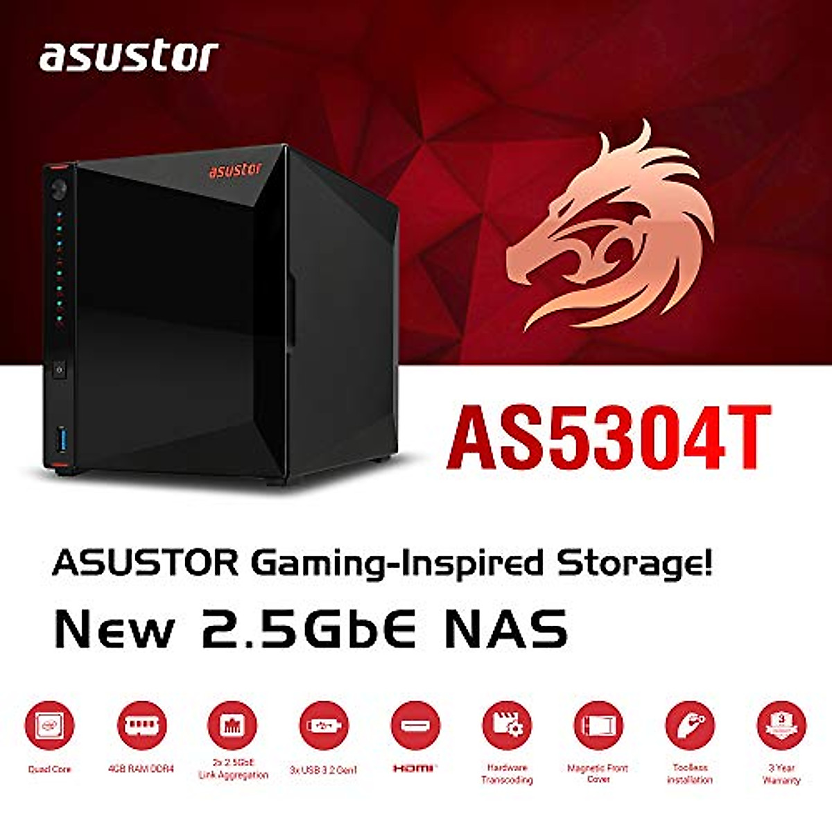 Asustor AS5304T 4 Bay NAS Quad-Core CPU, Dual 2.5GbE Port, 2GB DDR4 + 8TB HDD (Four 2TB HDD Included)