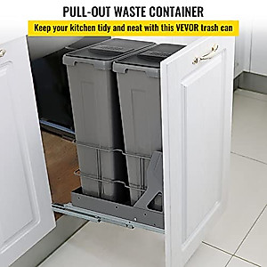 VEVOR Pull-Out Trash Can, 29Qt Double Bins, Under Mount Waste Container with Soft-Close Slides, 66 lbs Load Capacity & Door-Mounted Brackets, Garbage Recycling Bin with Lids for Kitchen Cabinet, Grey